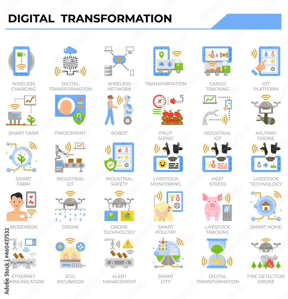 Digital transformation and digital disruption icon set. Stock Vector ...