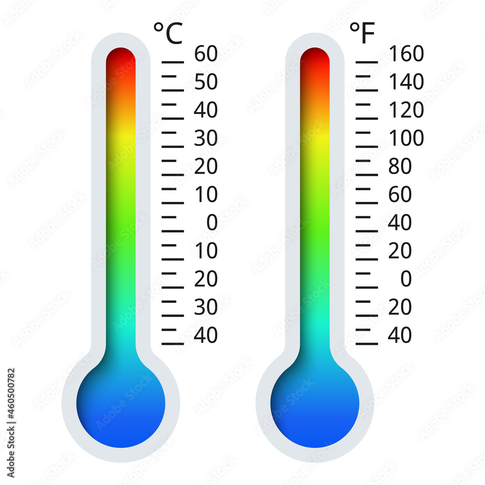 Thermometers Celsius and Fahrenheit, with gradient scale from red to ...