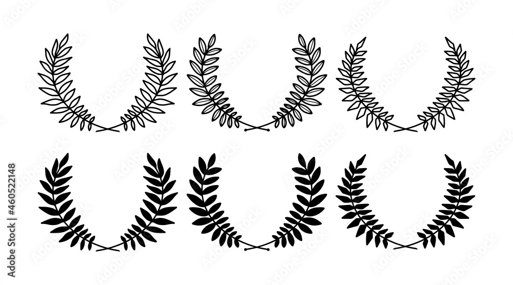 Laurel wreath. Set of outline and silhouette vector hand drawn laurel ...