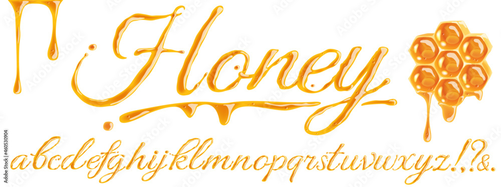Vector honey font on white background. Latin alphabet. Honey ...