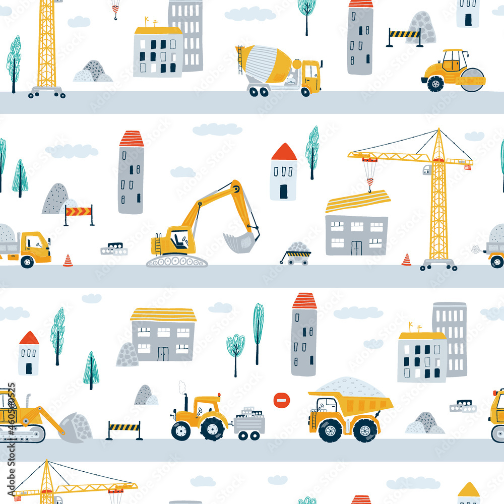 Cute children's seamless pattern with yellow car dump truck, crane ...