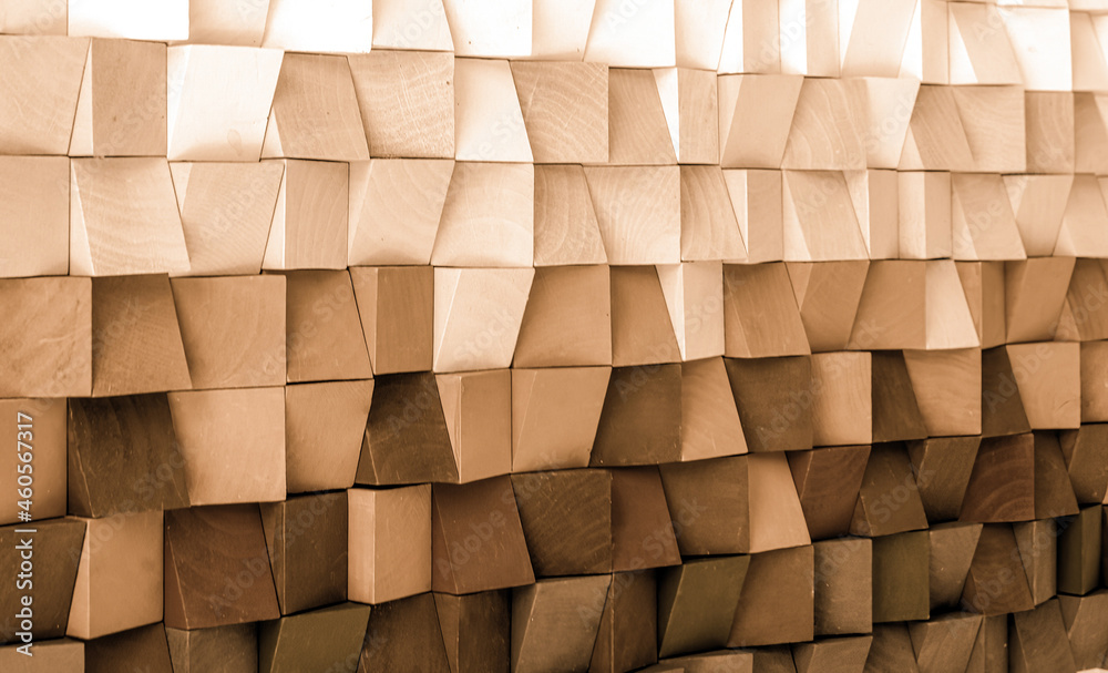 Natural color wood block wall cubic texture background . Modern ...