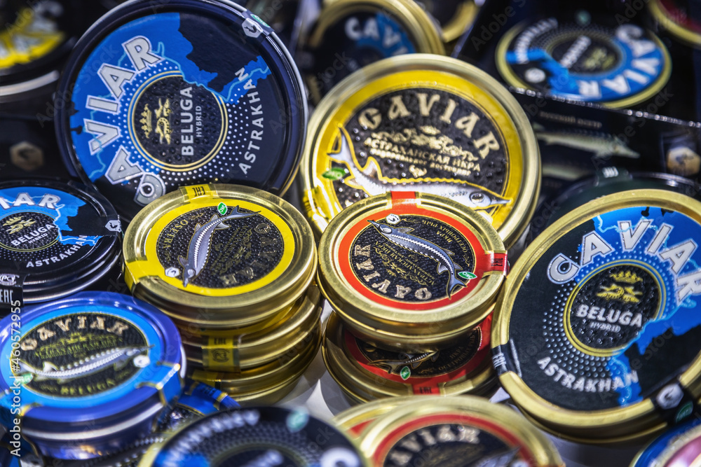 caviar of different varieties in tin cans. the common name of sturgeon ...