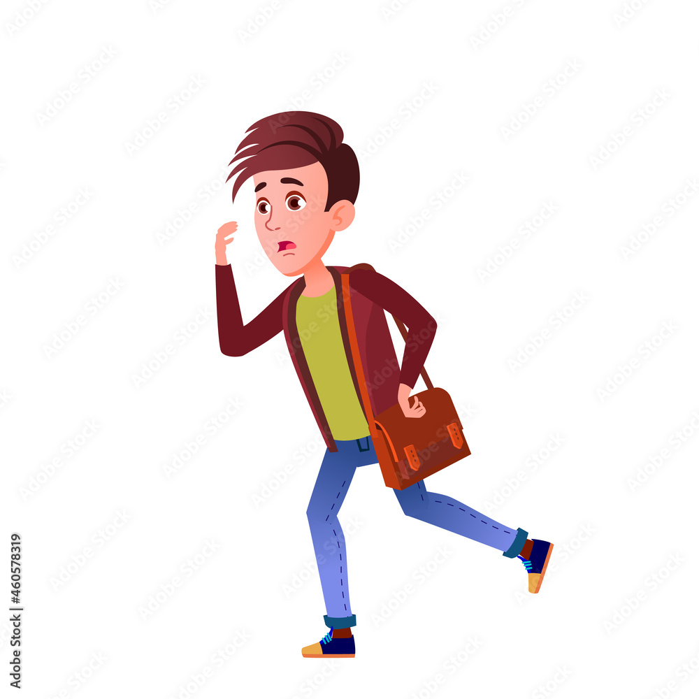 Teen Boy Late And Running At School Lesson Vector. Disappointed ...