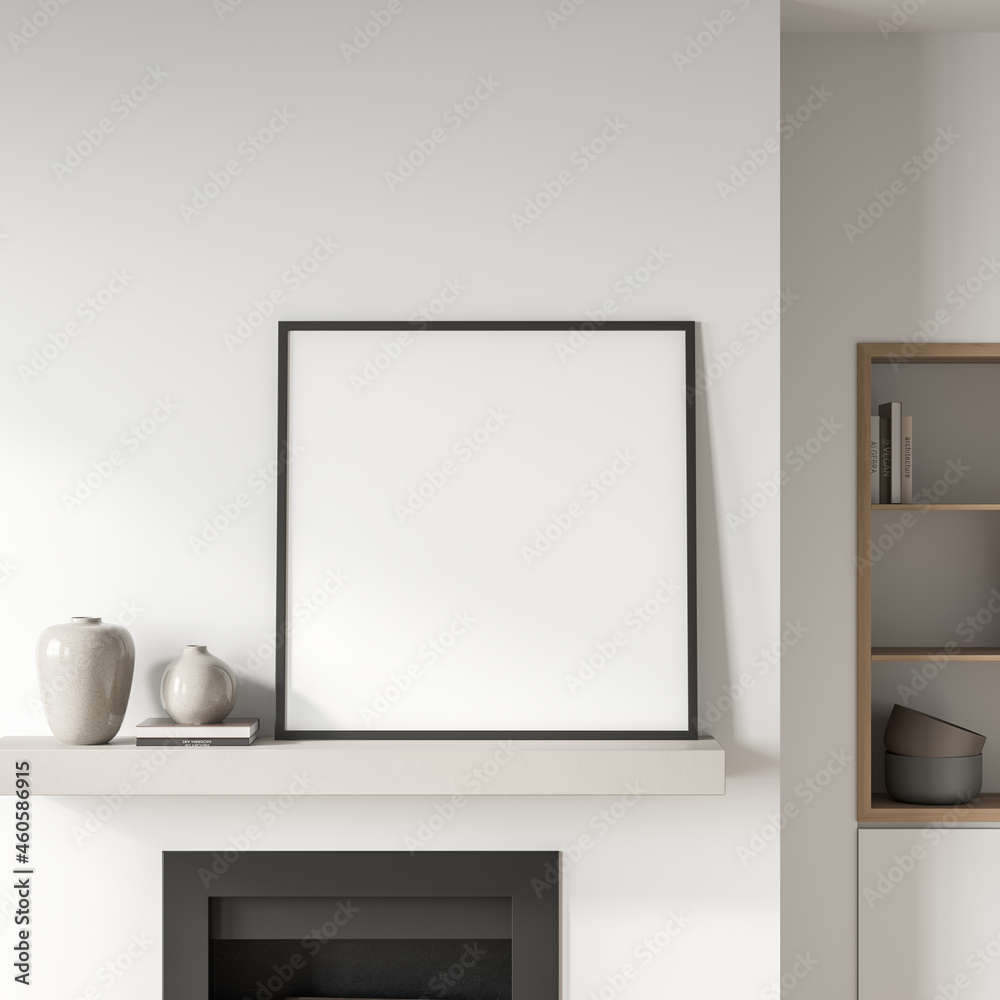 Light art room interior with rack, books and decoration, poster mock up ...
