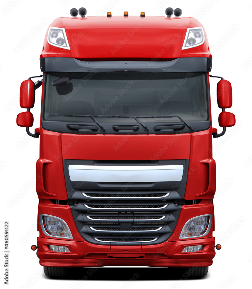 Powerful, modern European red truck. Front view isolated on white ...