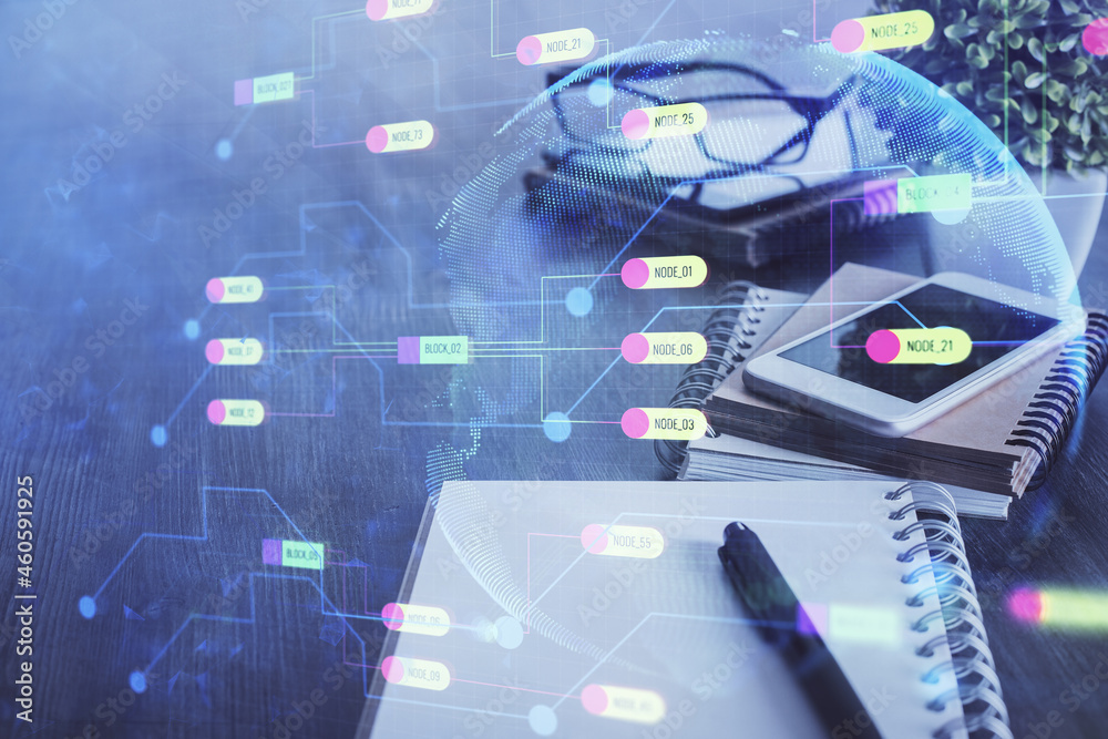 Double exposure of data theme drawing and mobile phone background ...