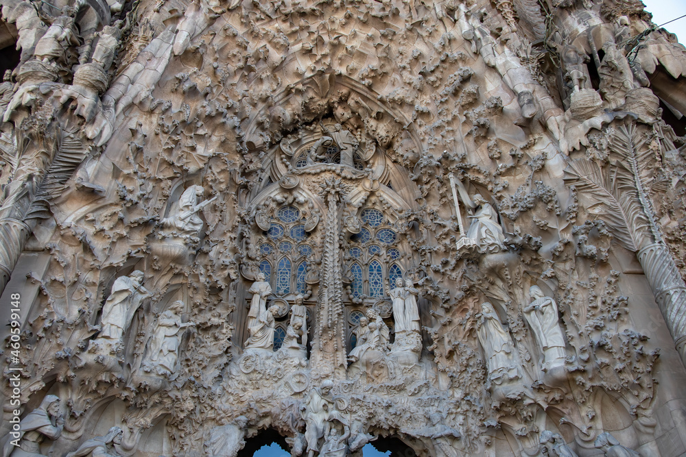 Detail of the elaborated facade of sacred family "La Sagrada Familia ...