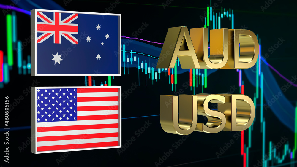 Gold plated AUD and USD symbols along with the flags of Australia and ...
