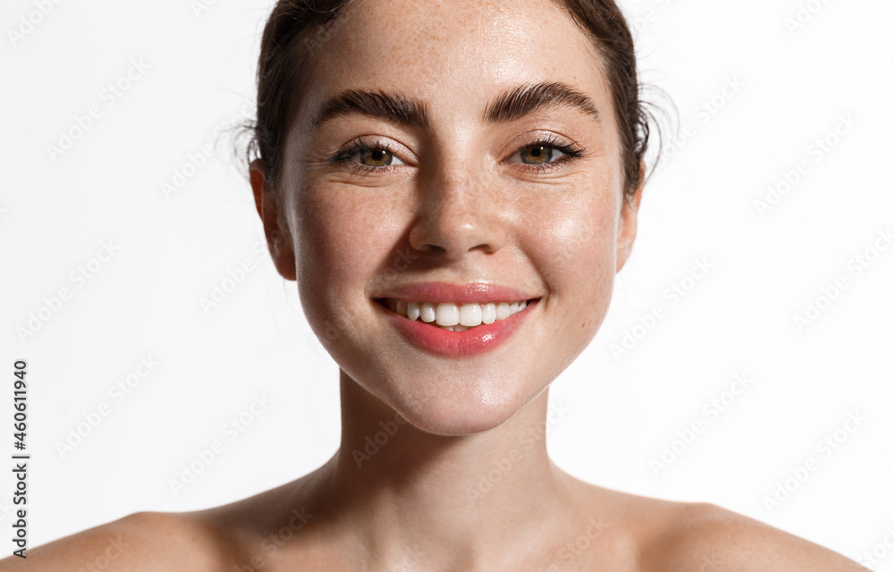 Spa and skin care. Smiling beautiful woman with thick eyebrows ...