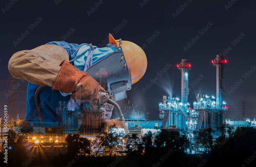 Double exposure of welder are welding a steel structure work with ...