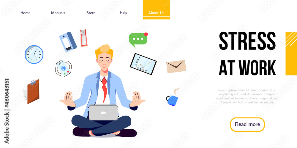 Stress management landing page design. Businessman meditates in the ...