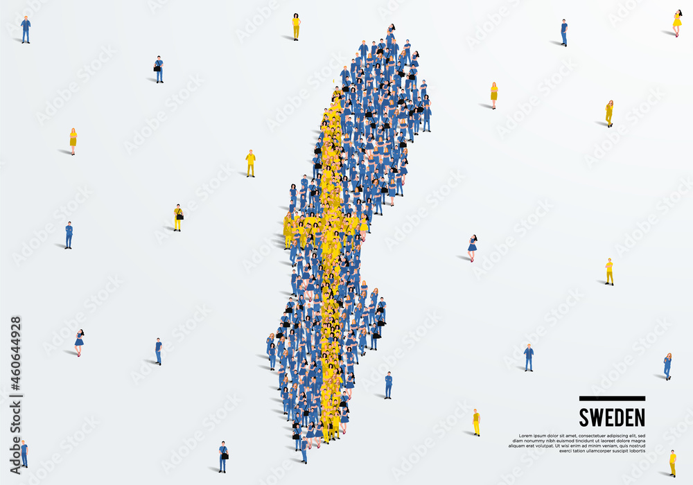 Sweden Map and Flag. A large group of people in the Swedish flag color ...