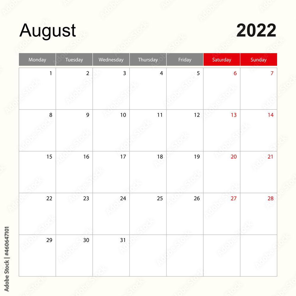 Wall calendar template for August 2022. Holiday and event planner, week ...