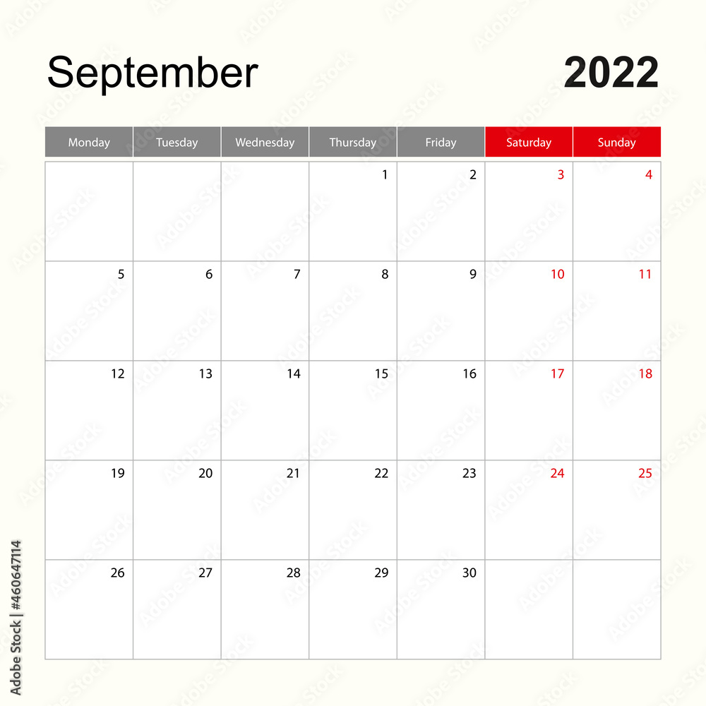 Wall calendar template for September 2022. Holiday and event planner ...