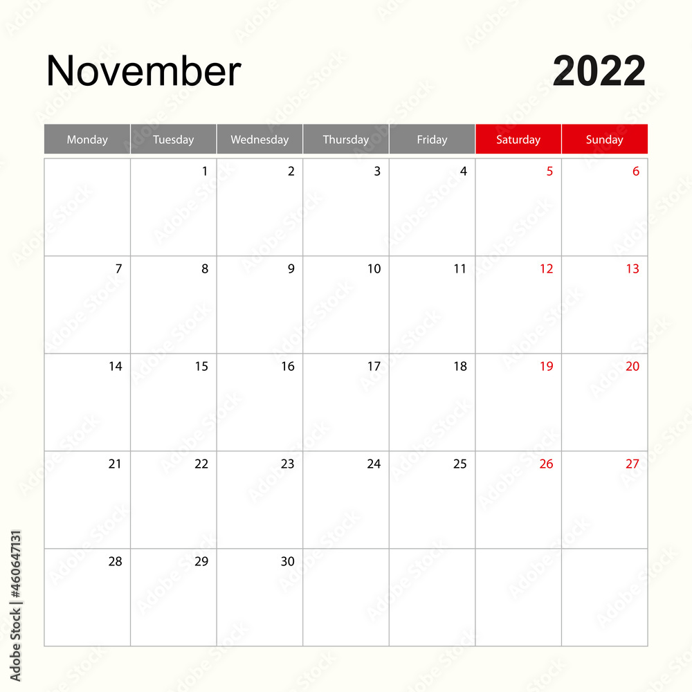 Wall calendar template for November 2022. Holiday and event planner ...