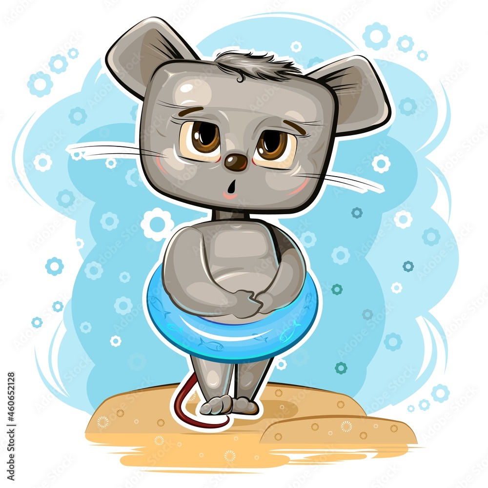 Cute Mouse got ready to swim in an inflatable ring on beach. Funny ...