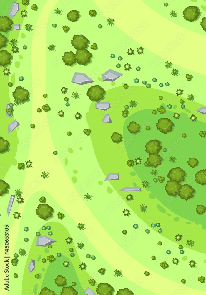 Hilly lawn in the forest. Map. View from above. Countryside rural ...