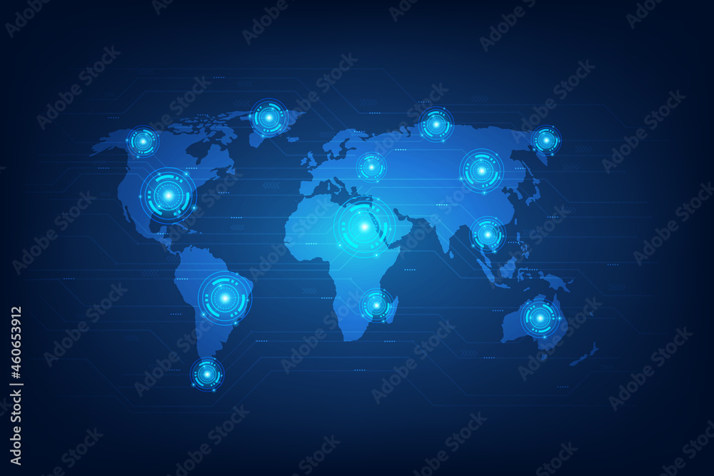 technology global communication map on blue background. Abstract ...