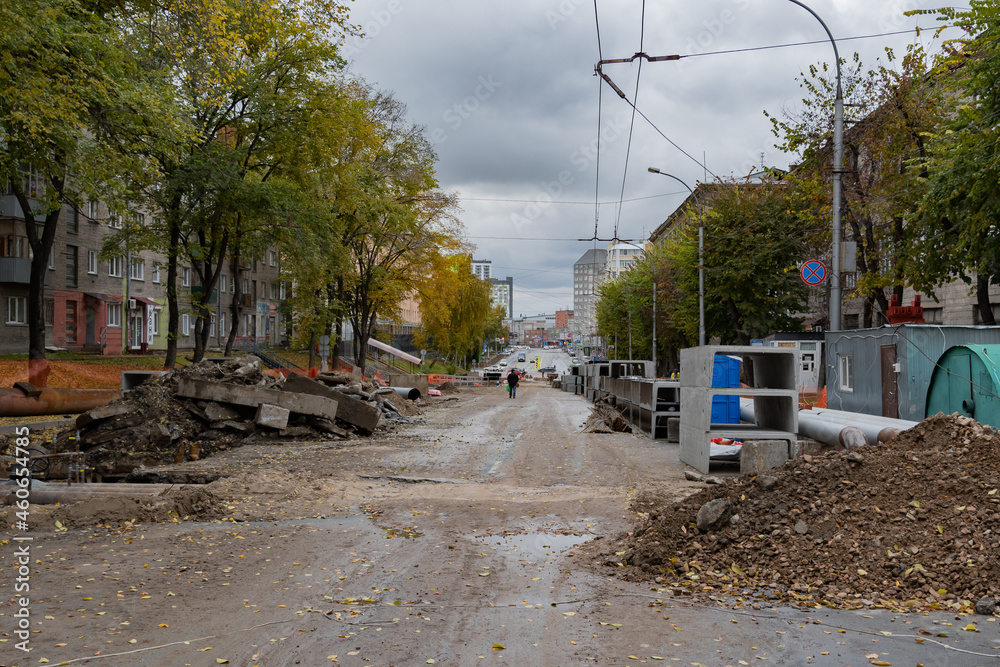 Replacement pipes in the city.Construction of heating mains for ...