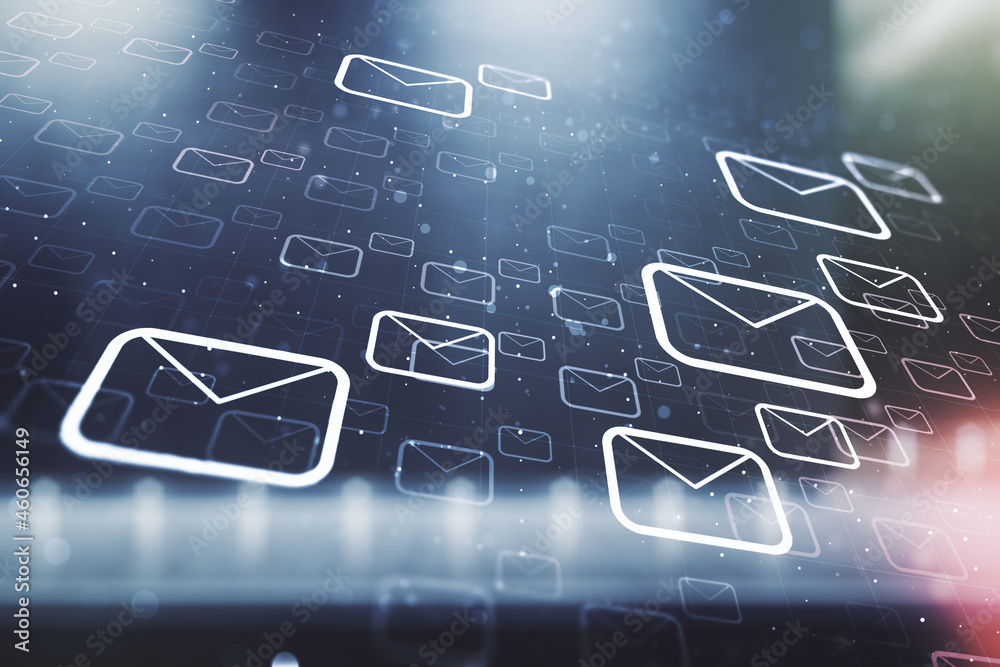 Abstract virtual postal envelopes hologram on blurry contemporary ...