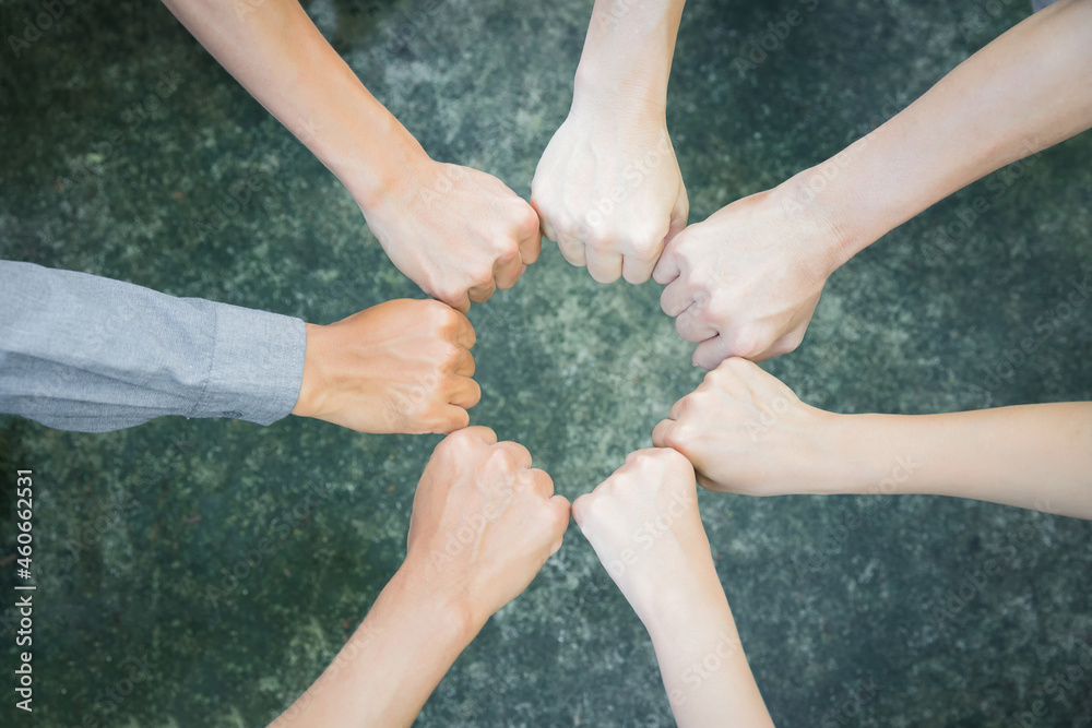 Top view of group of people fist bump assemble in circle together ...