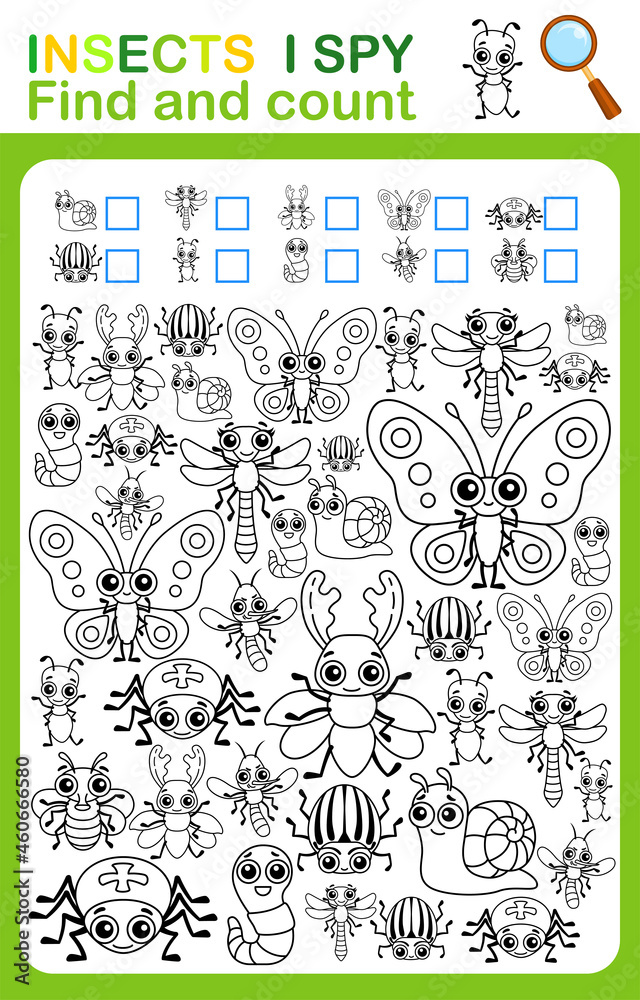 Coloring book page i spy. Count and color insects. Printable worksheet ...