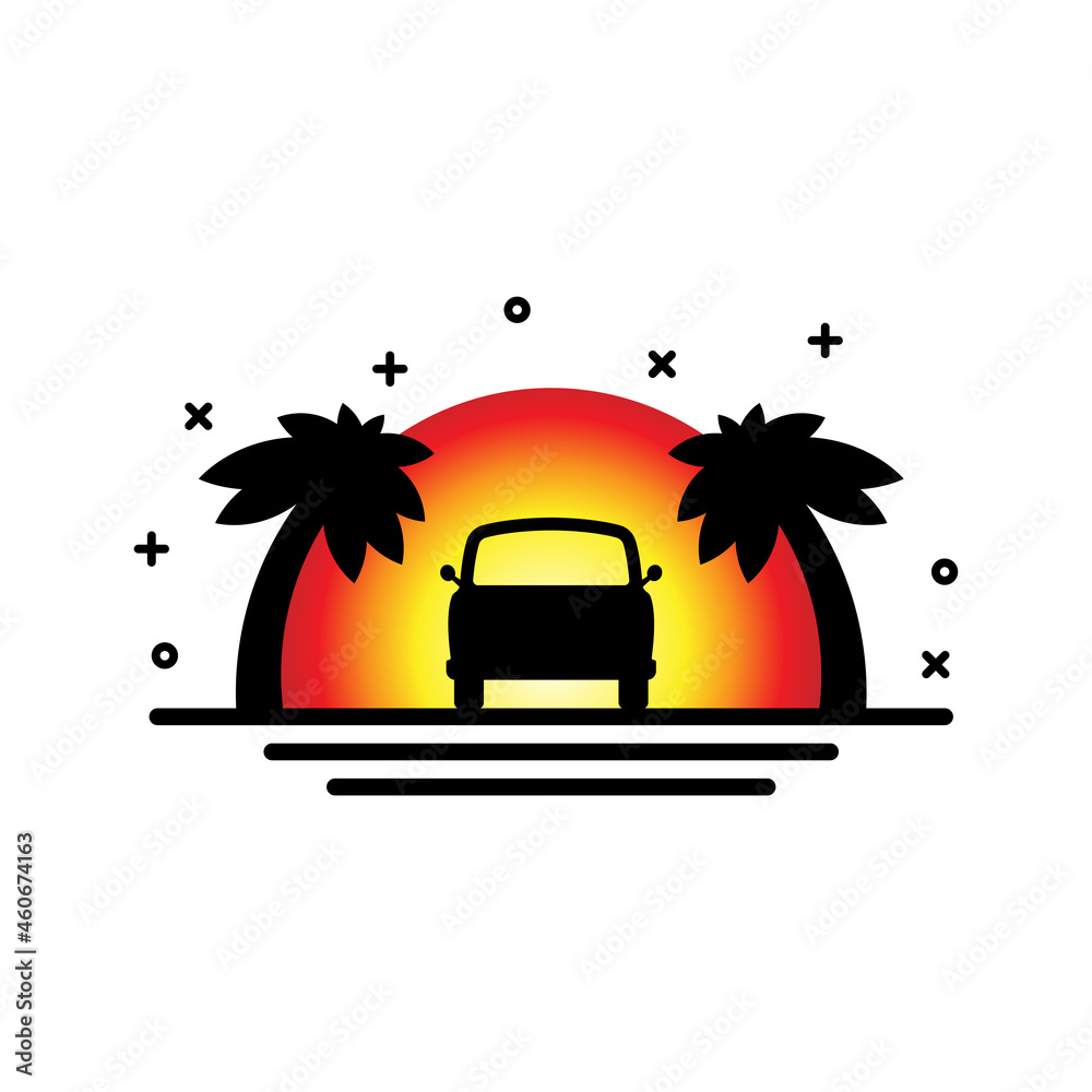 Car, sun and palms icon. Colored black silhouette. Front view. Vector ...
