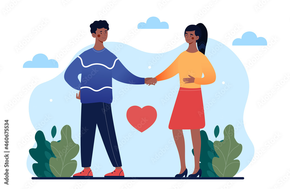 Young Attractive Couple Is Holding Hands While On A Date Outdoors In The Evening Hand Drawn
