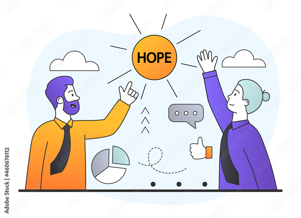 Male and female characters are rasing hands up in the air towards hope ...