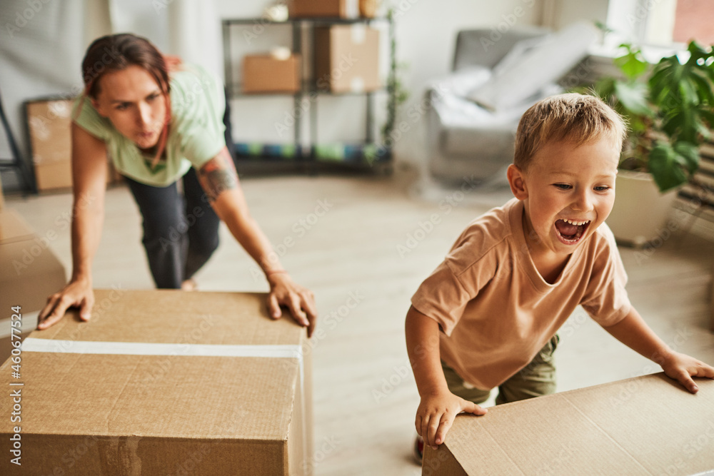 Portrait of two cheerful boys moving boxes while family relocating to ...