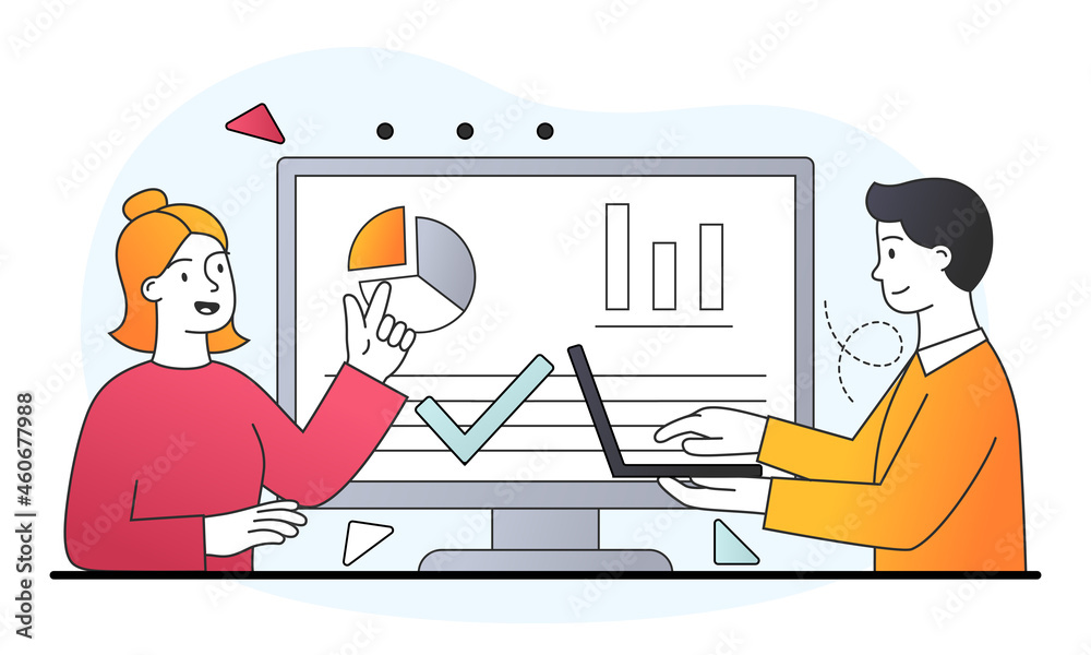 Male and female characters receive approval on the computer monitor ...