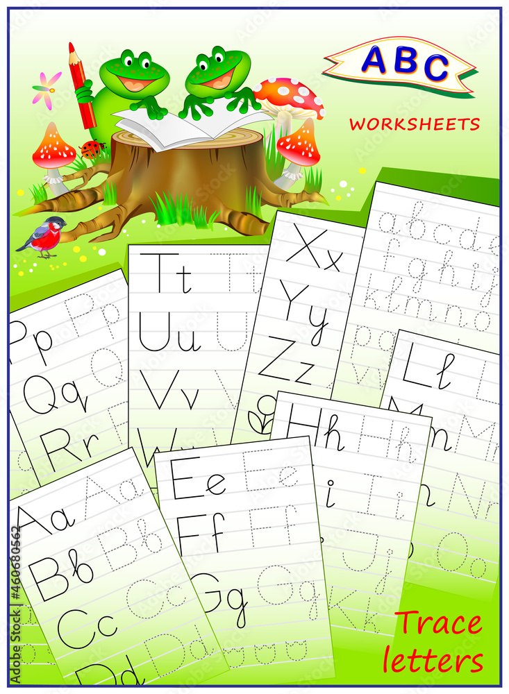 Cover for kids school workbook with exercises. Learn to trace alphabet ...