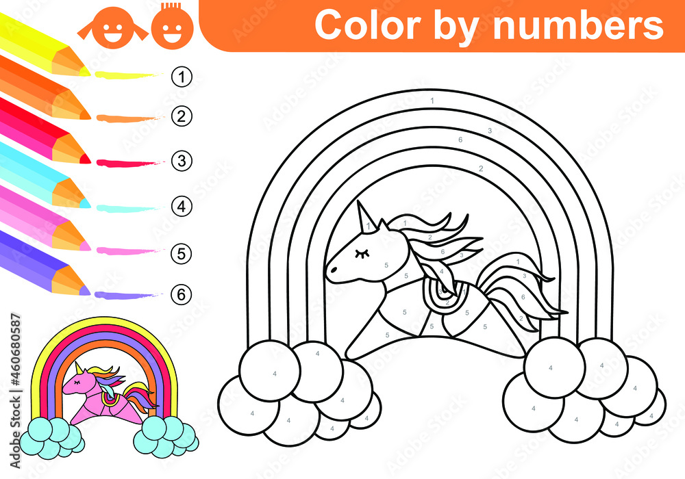 Coloring page by numbers. Unicorn on clouds and rainbow. Coloring ...