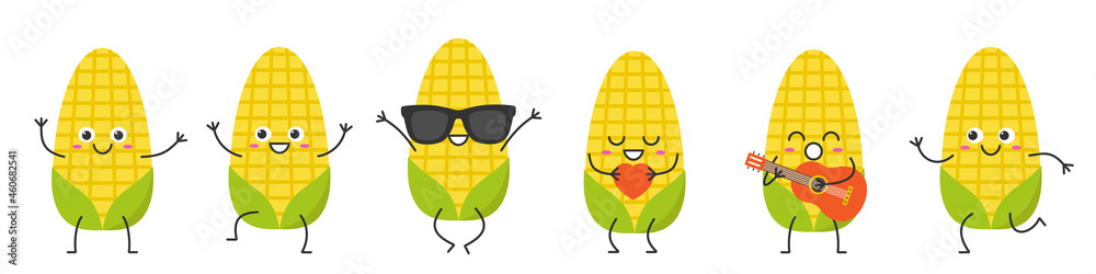 Set corn character cartoon emotions joy happiness smiling face jumping ...