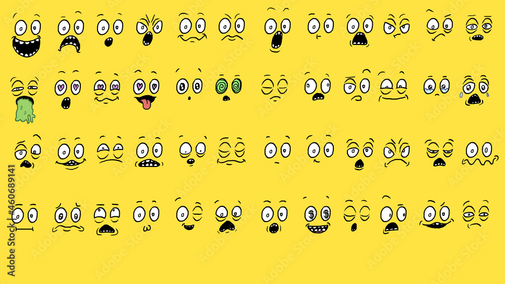 48 unique cartoon facial expressions (Including angry, happy, ecstatic ...