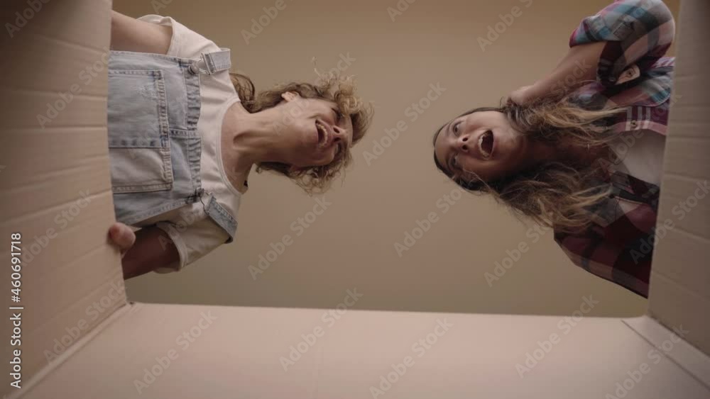 View from inside a cardboard box on two cheerful young Caucasian girls ...