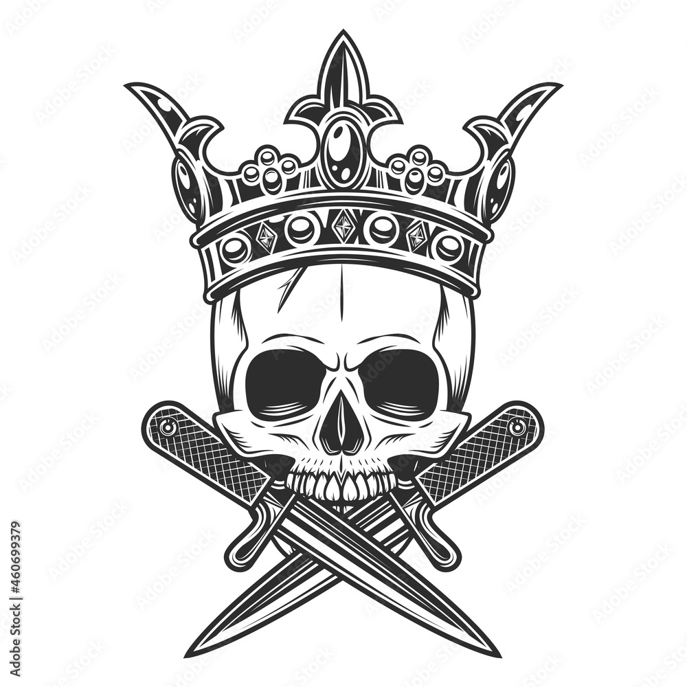 Gangster king skull in crown with crossed knife in vintage monochrome ...