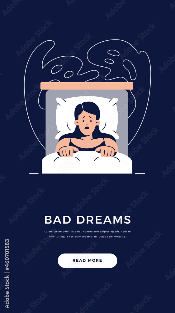 Nightmare disorder banner. Scared woman is lying in bed and being ...