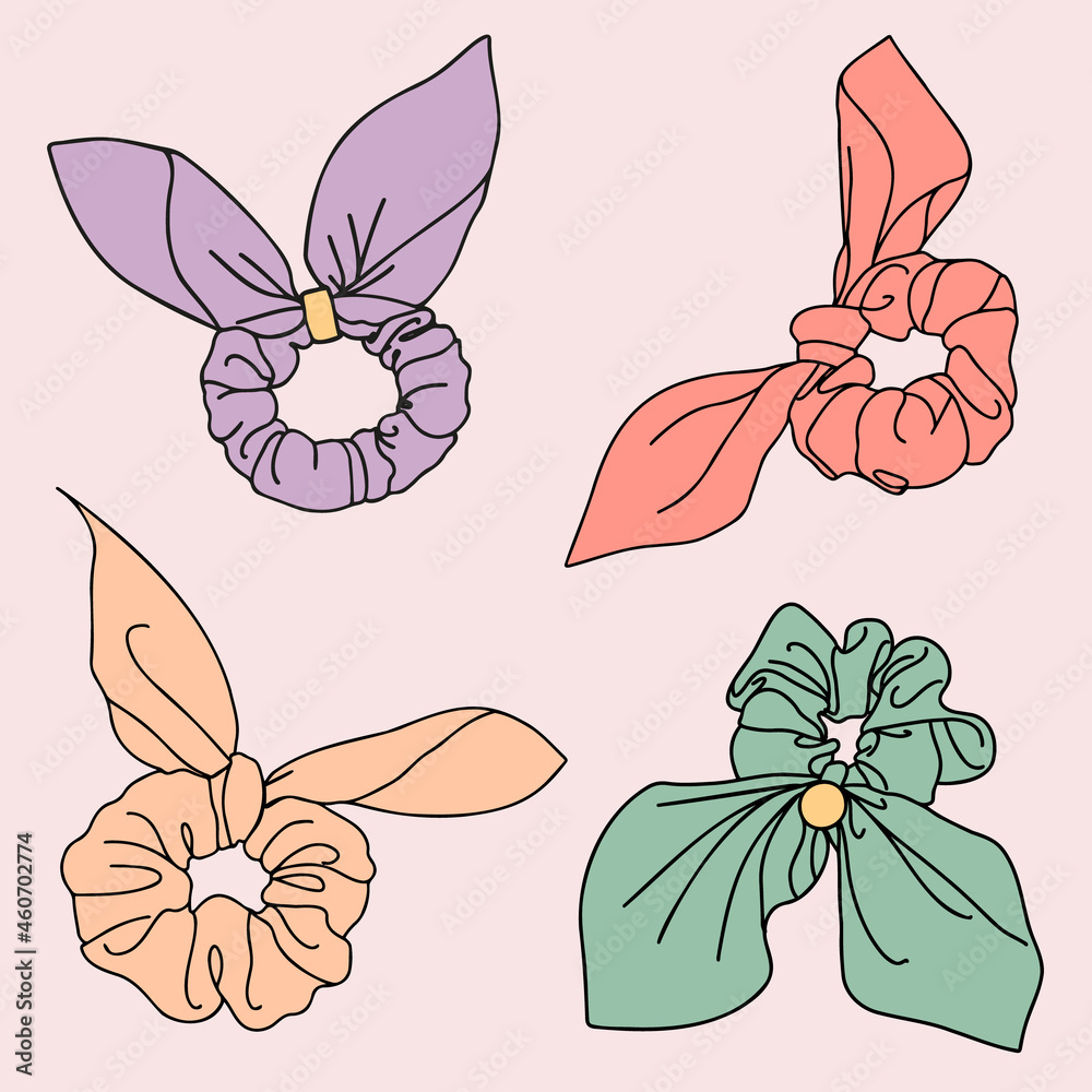 Scrunchie illustration set. Collection of vector cad drawing hair ...