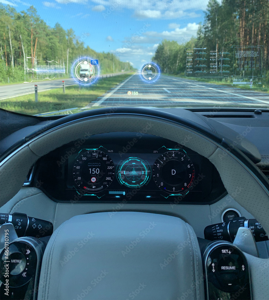 Interior of autonomous car. Display shows information about the vehicle ...