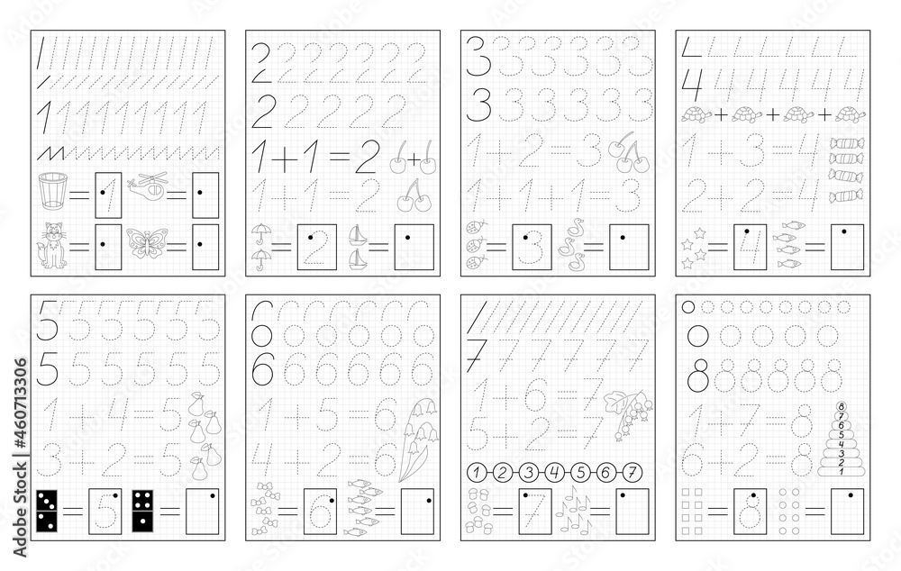Set of black and white educational pages on square paper for kids ...