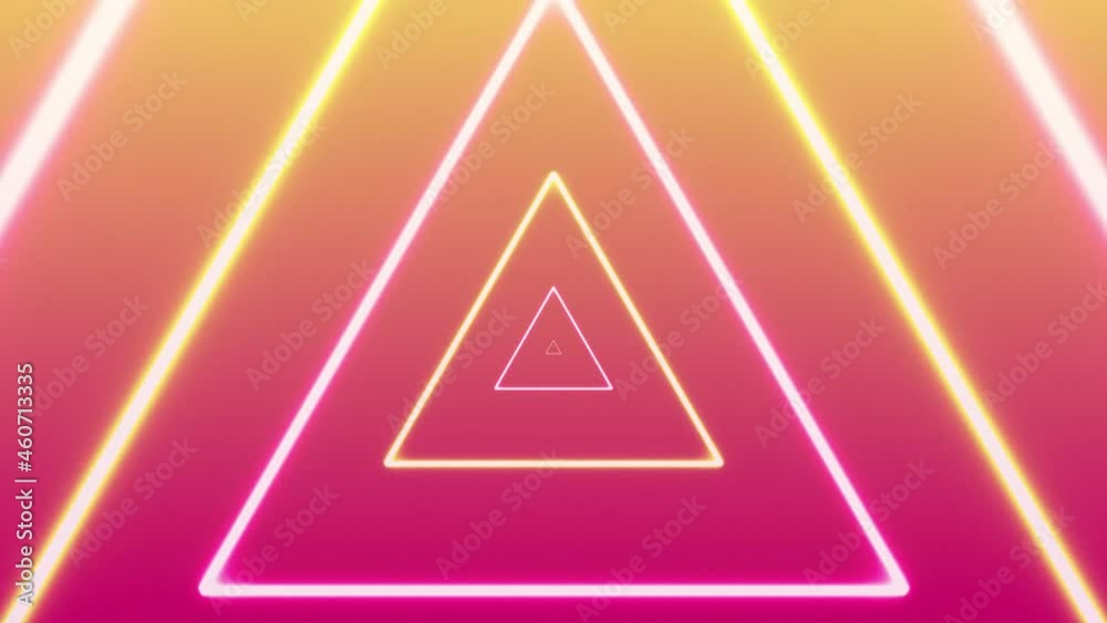 Triangle-shaped red and yellow neon lights getting closer one after ...
