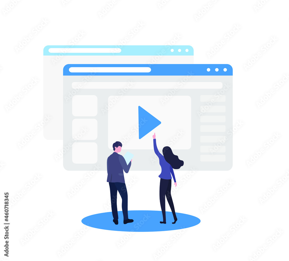 Videoconference concept. Young man and woman are standing in front of a ...