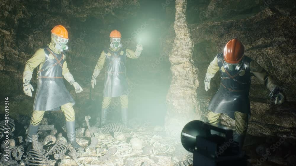 Scientists in special suits check radiation levels in an ancient cave ...