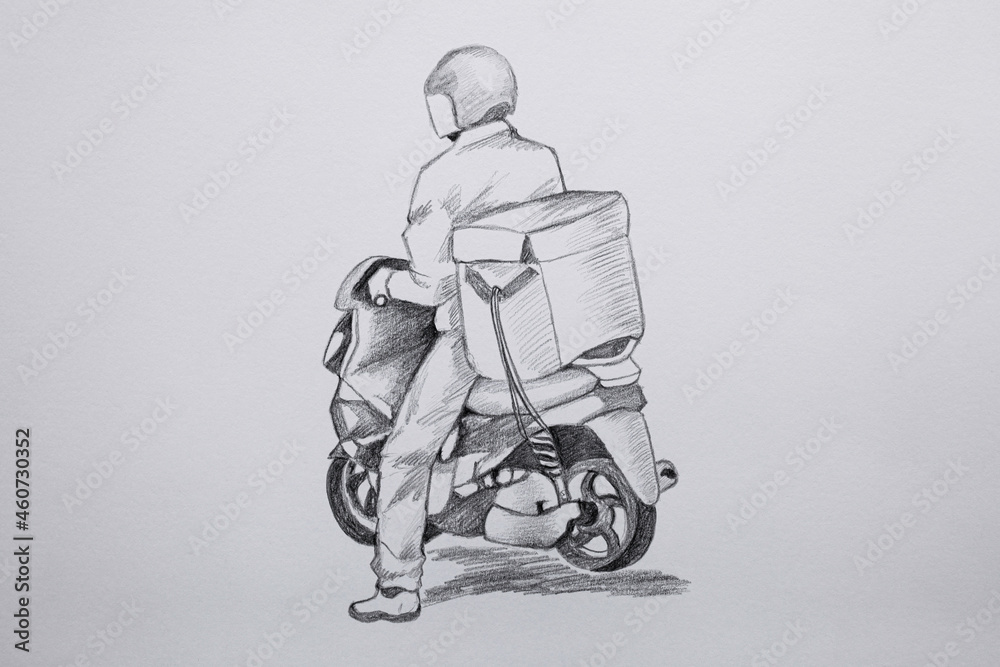 Hand drawing Delivery man ride motorcycle. Sketch of delivery man are ...