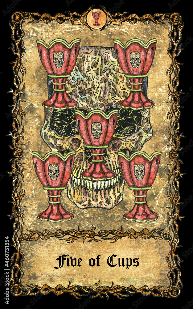 Five of cups. Minor Arcana tarot card with skull over antique background. Stock Illustration ...