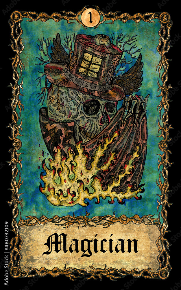 Magician. Major Arcana tarot card with skull over antique background. Stock-Illustration | Adobe ...