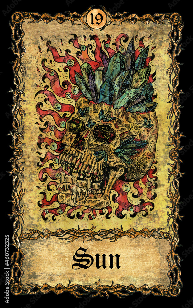 Sun. Major Arcana tarot card with skull over antique background. Stock Illustration | Adobe Stock