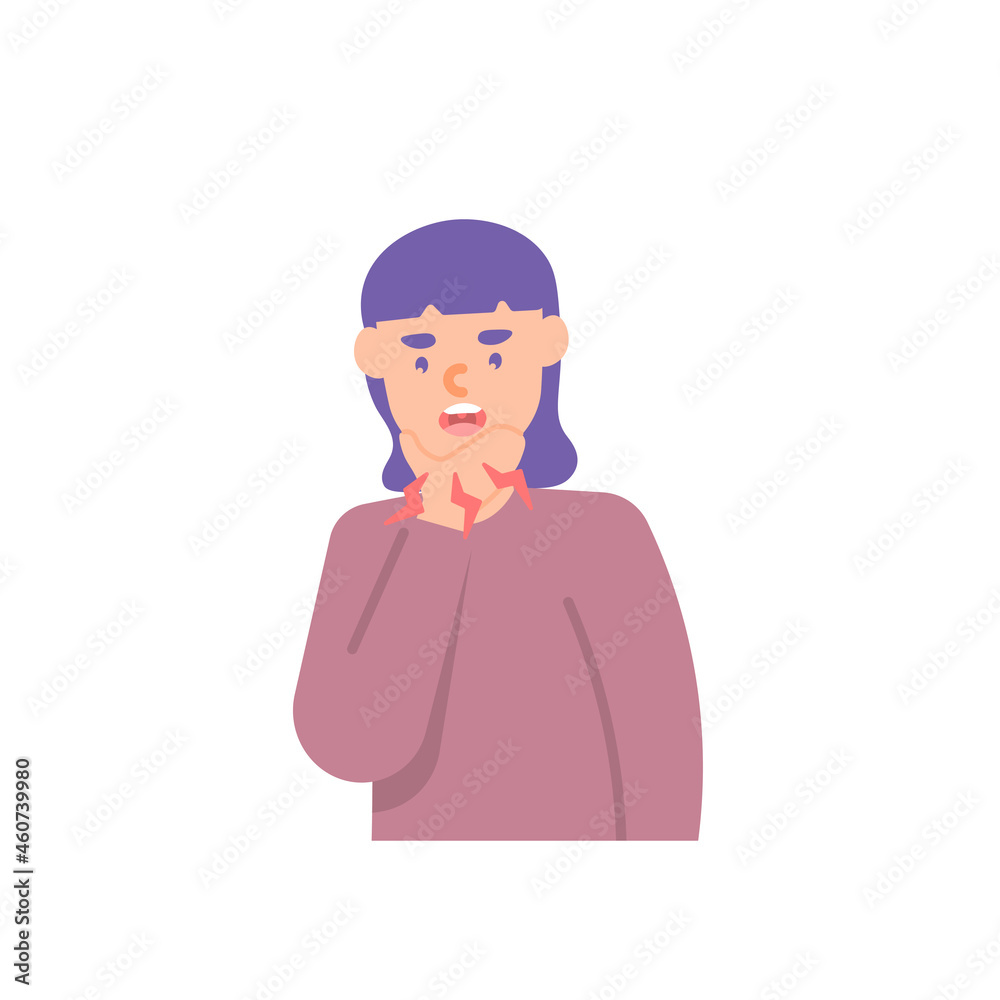 jaw or chin pain, goiter, toothache. illustration of a woman holding ...